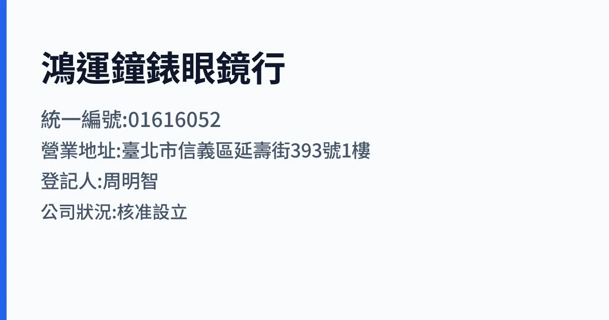 鴻運鐘錶眼鏡行 - 統編 01616052(臺北市) 公司登記資料與營業項目詳細圖表