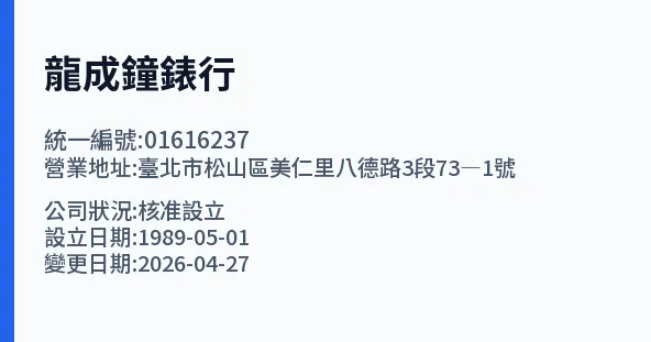 龍成鐘錶行的照片-統編 01616237(臺北市) 公司登記資料與營業項目詳細圖表