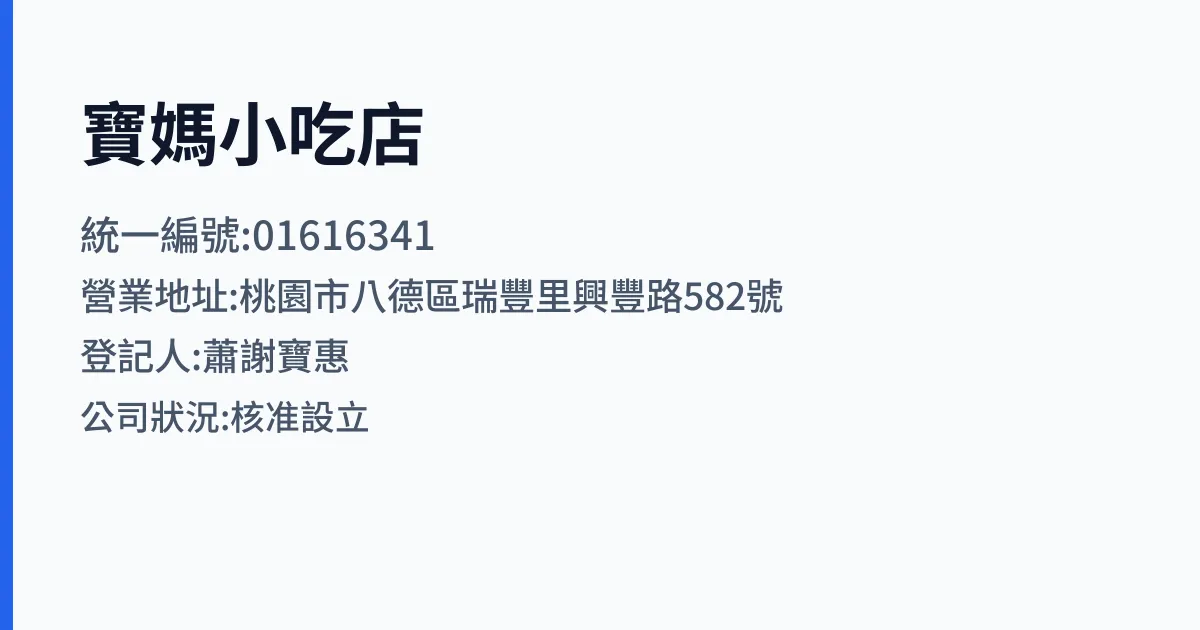 寶媽小吃店 - 統編 01616341(桃園市) 公司登記資料與營業項目詳細圖表