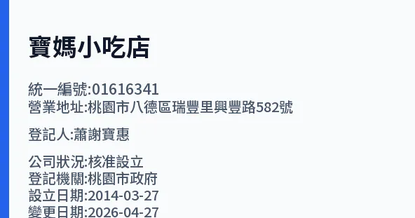 寶媽小吃店的照片-統編 01616341(桃園市) 公司登記資料與營業項目詳細圖表