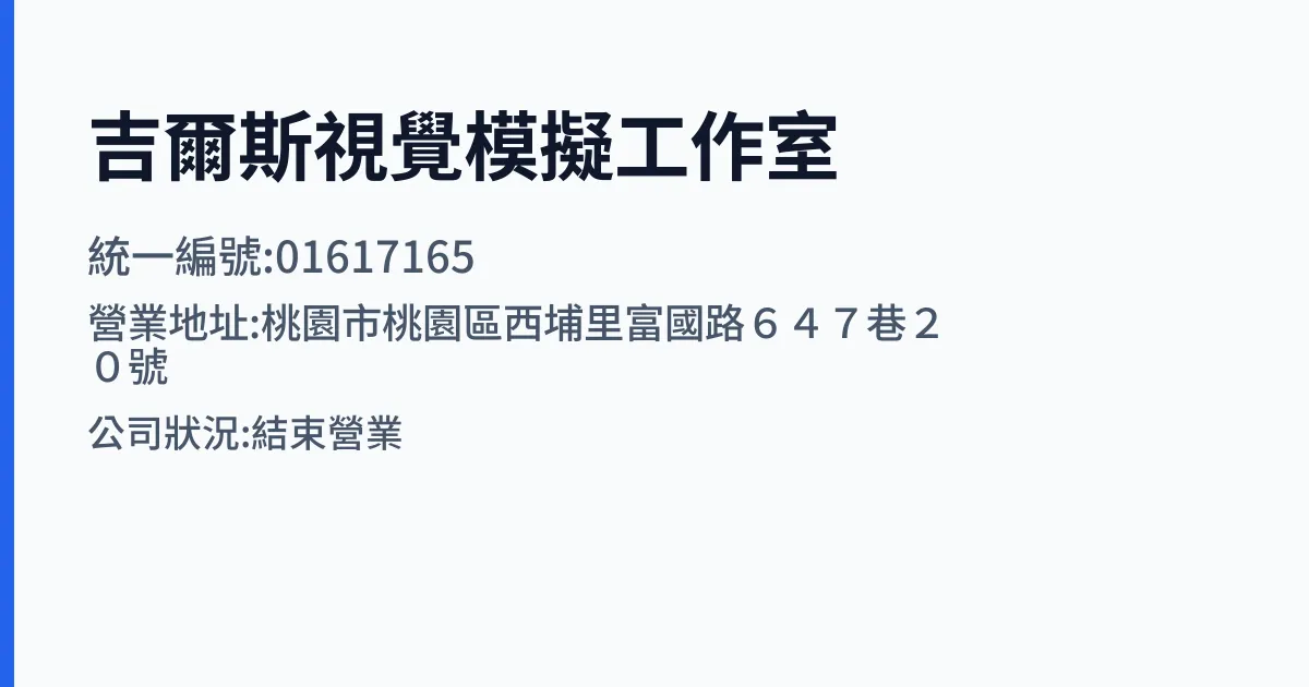 吉爾斯視覺模擬工作室 - 統編 01617165(桃園市) 公司登記資料與營業項目詳細圖表