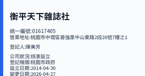 衡平天下雜誌社的照片-統編 01617405(桃園市) 公司登記資料與營業項目詳細圖表
