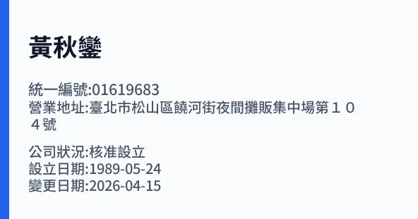 黃秋鑾的照片-統編 01619683(臺北市) 公司登記資料與營業項目詳細圖表
