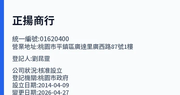 正揚商行的照片-統編 01620400(桃園市) 公司登記資料與營業項目詳細圖表