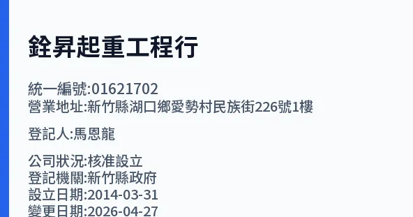 銓昇起重工程行的照片-統編 01621702(新竹縣) 公司登記資料與營業項目詳細圖表
