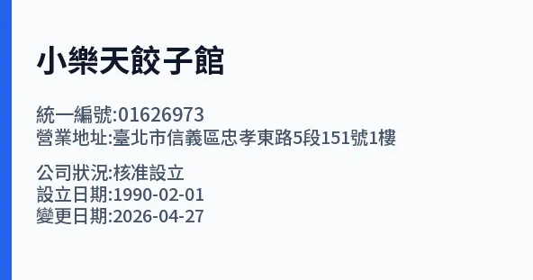 小樂天餃子館的照片-統編 01626973(臺北市) 公司登記資料與營業項目詳細圖表