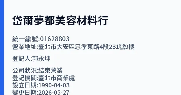 岱爾夢都美容材料行的照片-統編 01628803(臺北市) 公司登記資料與營業項目詳細圖表