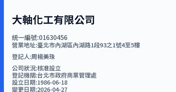 大軸化工有限公司的照片-統編 01630456(臺北市) 公司登記資料與營業項目詳細圖表