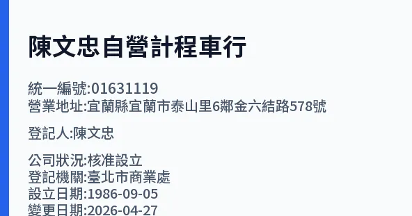 陳文忠自營計程車行的照片-統編 01631119(宜蘭縣) 公司登記資料與營業項目詳細圖表