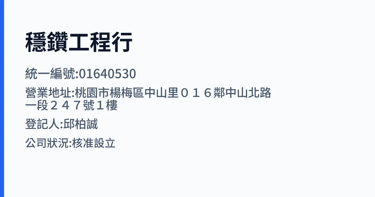 穩鑽工程行 - 統編 01640530(桃園市) 公司登記資料與營業項目詳細圖表