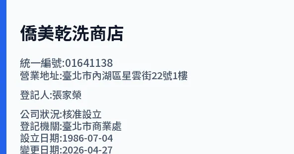 僑美乾洗商店的照片-統編 01641138(臺北市) 公司登記資料與營業項目詳細圖表