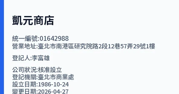 凱元商店的照片-統編 01642988(臺北市) 公司登記資料與營業項目詳細圖表