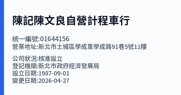 陳記陳文良自營計程車行的照片-統編 01644156(新北市) 公司登記資料與營業項目詳細圖表
