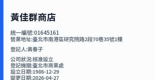 黃佳群商店的照片-統編 01645161(臺北市) 公司登記資料與營業項目詳細圖表