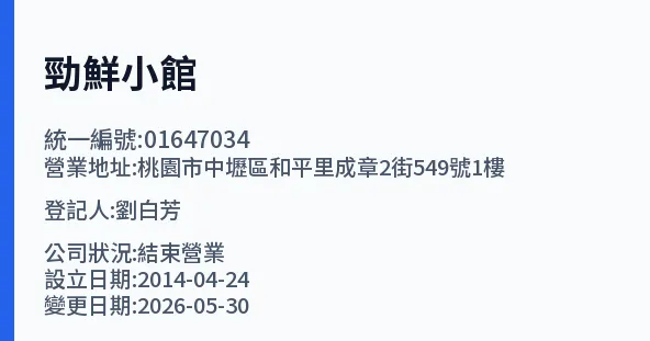 勁鮮小館的照片-統編 01647034(桃園市) 公司登記資料與營業項目詳細圖表