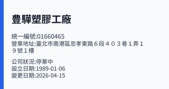 豊驊塑膠工廠的照片-統編 01660465(臺北市) 公司登記資料與營業項目詳細圖表