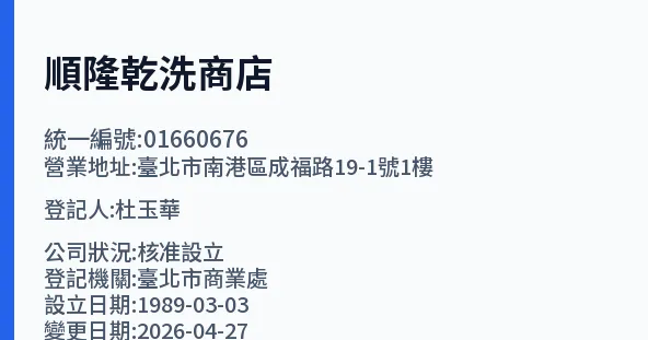 順隆乾洗商店的照片-統編 01660676(臺北市) 公司登記資料與營業項目詳細圖表