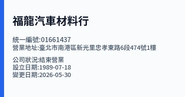 福龍汽車材料行的照片-統編 01661437(臺北市) 公司登記資料與營業項目詳細圖表