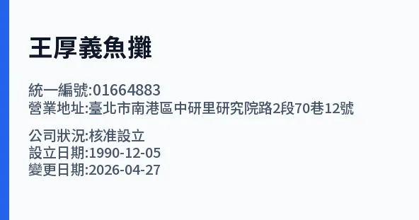 王厚義魚攤的照片-統編 01664883(臺北市) 公司登記資料與營業項目詳細圖表