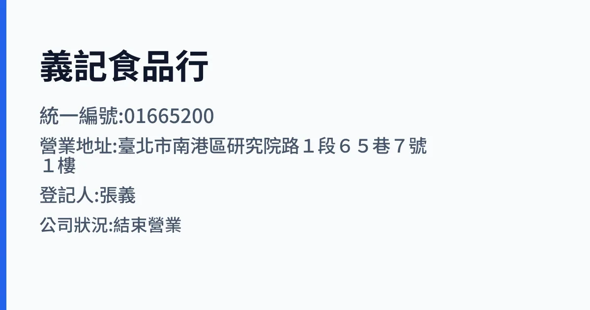 義記食品行 - 統編 01665200(臺北市) 公司登記資料與營業項目詳細圖表