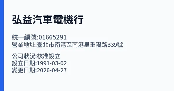 弘益汽車電機行的照片-統編 01665291(臺北市) 公司登記資料與營業項目詳細圖表