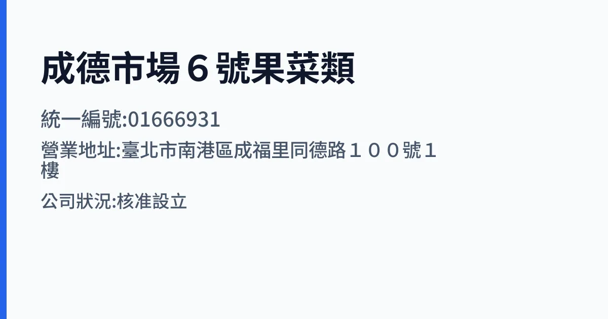 成德市場6號果菜類 - 統編 01666931(臺北市) 公司登記資料與營業項目詳細圖表