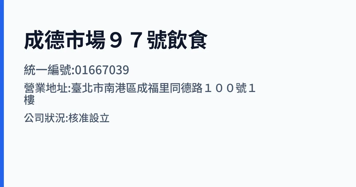 成德市場９７號飲食 - 統編 01667039(臺北市) 公司登記資料與營業項目詳細圖表