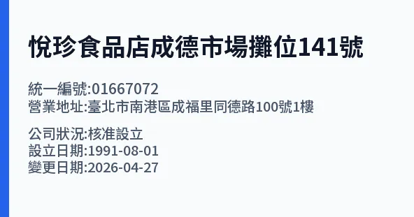 悅珍食品店成德市場攤位141號的照片-統編 01667072(臺北市) 公司登記資料與營業項目詳細圖表