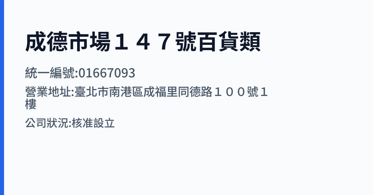 成德市場１４７號百貨類 - 統編 01667093(臺北市) 公司登記資料與營業項目詳細圖表