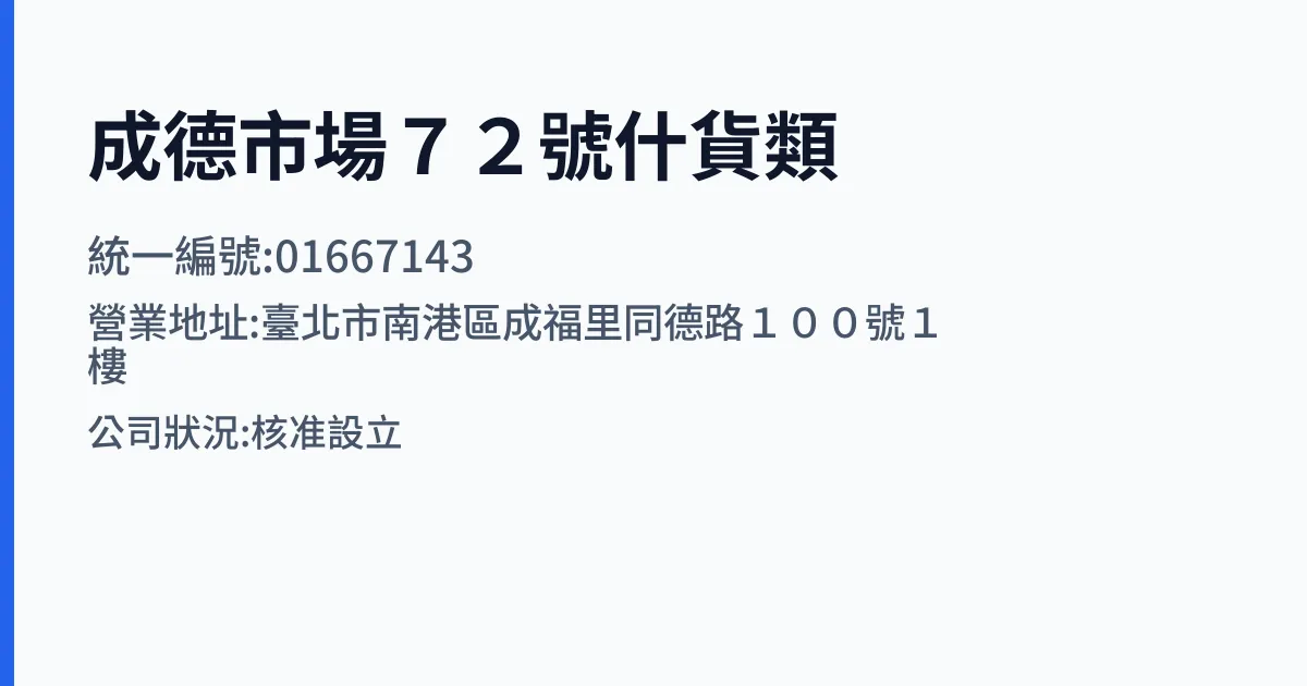成德市場７２號什貨類 - 統編 01667143(臺北市) 公司登記資料與營業項目詳細圖表