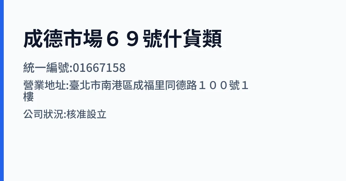 成德市場69號什貨類 - 統編 01667158(臺北市) 公司登記資料與營業項目詳細圖表