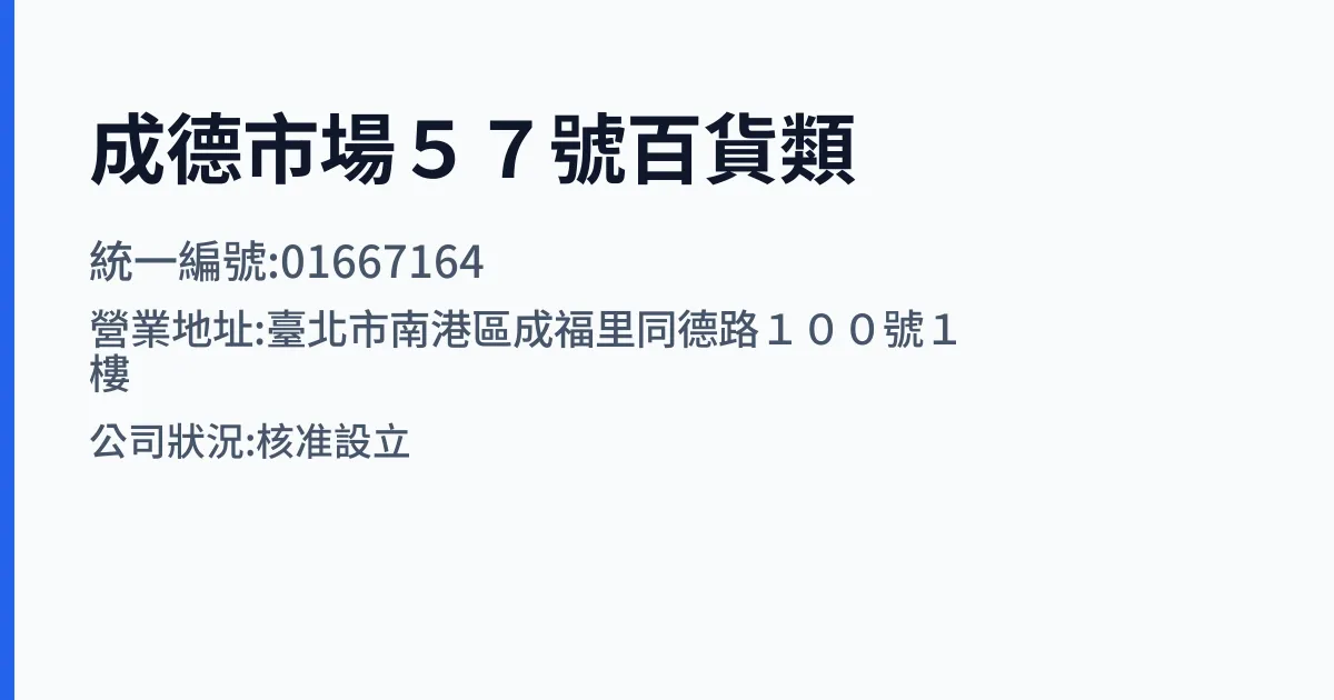 成德市場５７號百貨類 - 統編 01667164(臺北市) 公司登記資料與營業項目詳細圖表