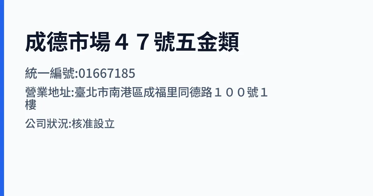 成德市場47號五金類 - 統編 01667185(臺北市) 公司登記資料與營業項目詳細圖表