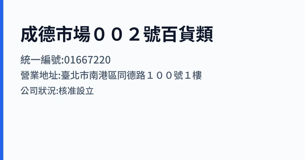成德市場００２號百貨類 - 統編 01667220(臺北市) 公司登記資料與營業項目詳細圖表