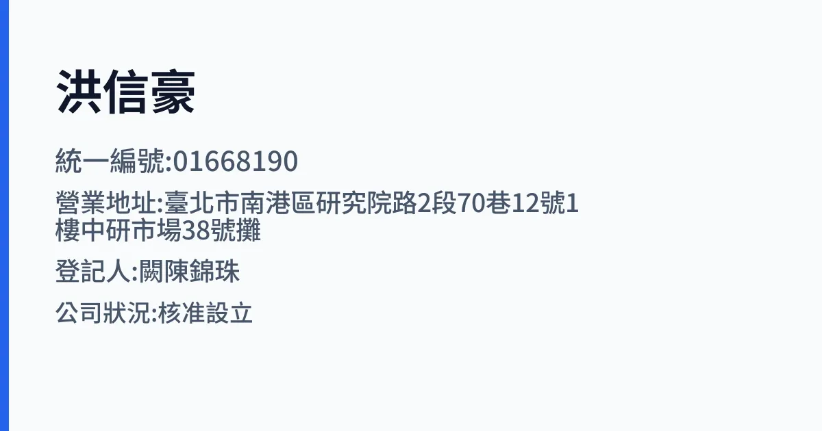 洪信豪 - 統編 01668190(臺北市) 公司登記資料與營業項目詳細圖表