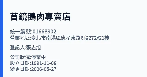 苜鏡鵝肉專賣店的照片-統編 01668902(臺北市) 公司登記資料與營業項目詳細圖表
