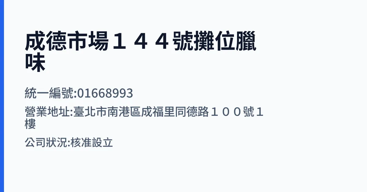 成德市場１４４號攤位臘味 - 統編 01668993 (臺北市) 公司登記資料與營業項目詳細圖表