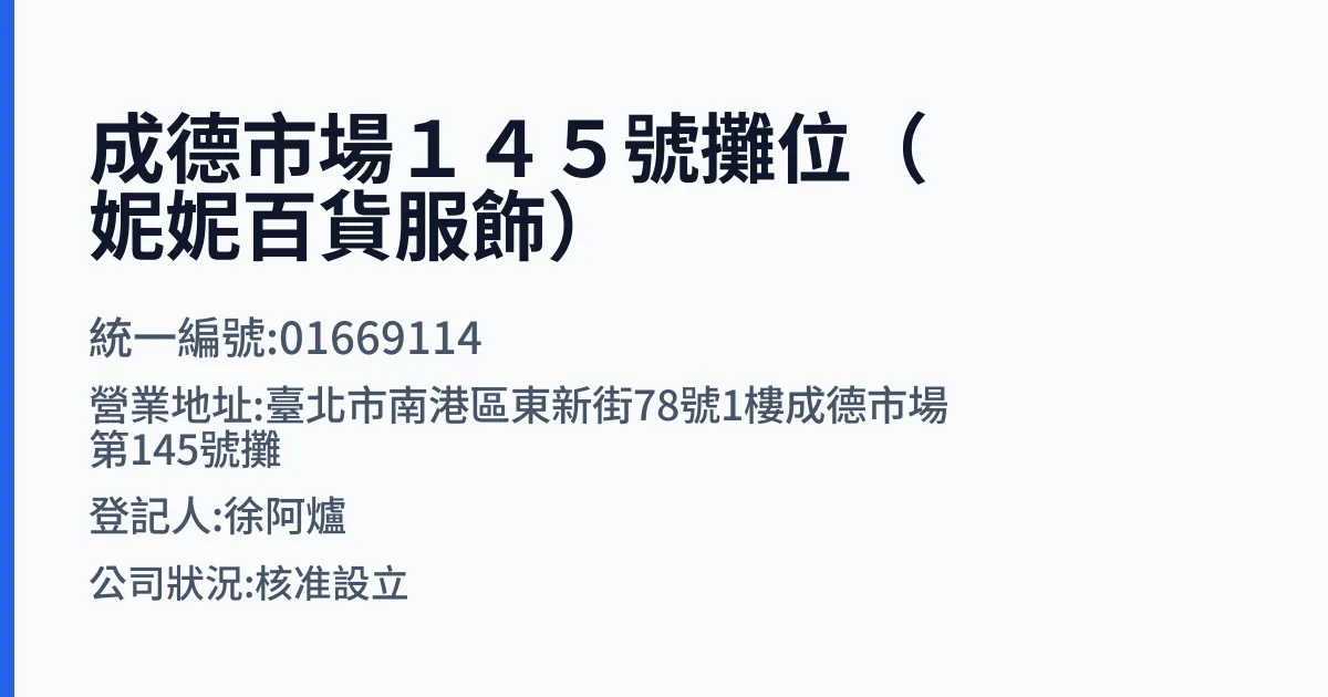 成德市場145號攤位(妮妮百貨服飾) - 統編 01669114(臺北市) 公司登記資料與營業項目詳細圖表