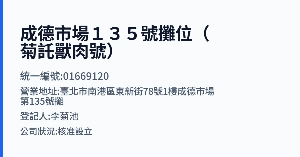 成德市場135號攤位(菊託獸肉號) - 統編 01669120(臺北市) 公司登記資料與營業項目詳細圖表