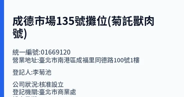 成德市場135號攤位(菊託獸肉號)的照片-統編 01669120(臺北市) 公司登記資料與營業項目詳細圖表