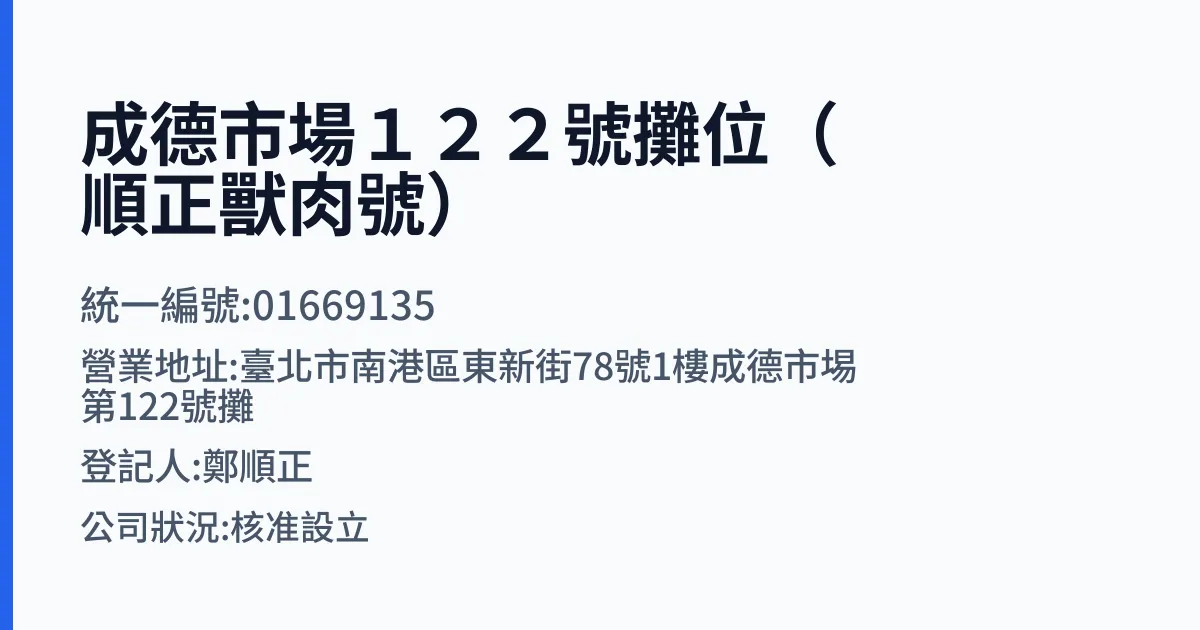 成德市場122號攤位(順正獸肉號) - 統編 01669135(臺北市) 公司登記資料與營業項目詳細圖表