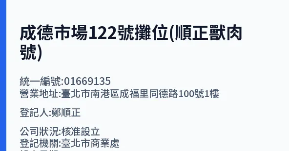 成德市場122號攤位(順正獸肉號)的照片-統編 01669135(臺北市) 公司登記資料與營業項目詳細圖表