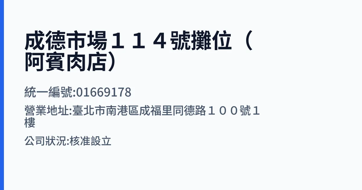 成德市場114號攤位(阿賓肉店) - 統編 01669178(臺北市) 公司登記資料與營業項目詳細圖表
