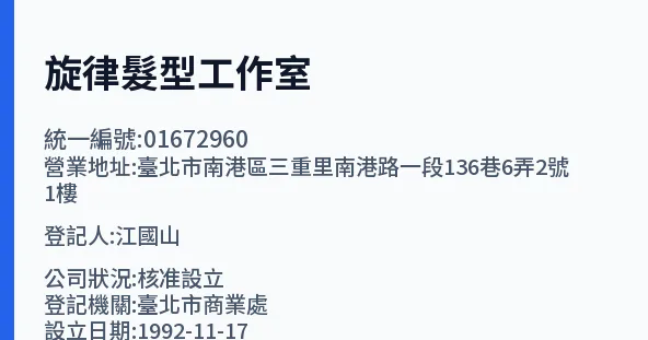 旋律髮型工作室的照片-統編 01672960(臺北市) 公司登記資料與營業項目詳細圖表
