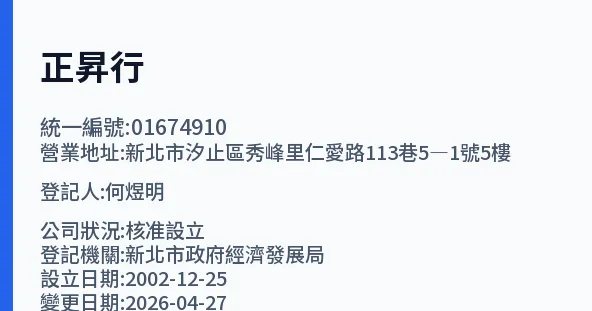 正昇行的照片-統編 01674910(新北市) 公司登記資料與營業項目詳細圖表