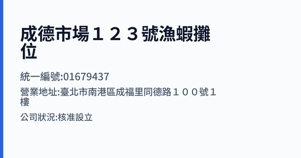 成德市場１２３號漁蝦攤位 - 統編 01679437(臺北市) 公司登記資料與營業項目詳細圖表