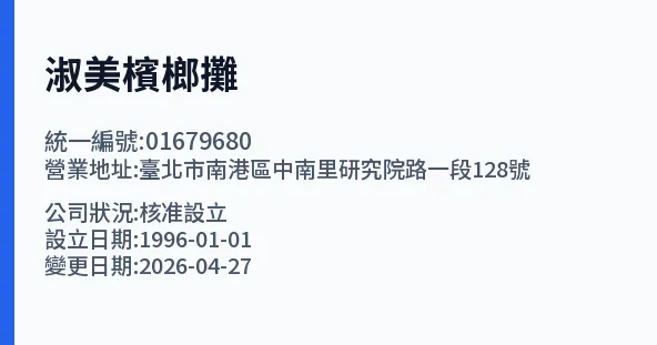 淑美檳榔攤的照片-統編 01679680(臺北市) 公司登記資料與營業項目詳細圖表