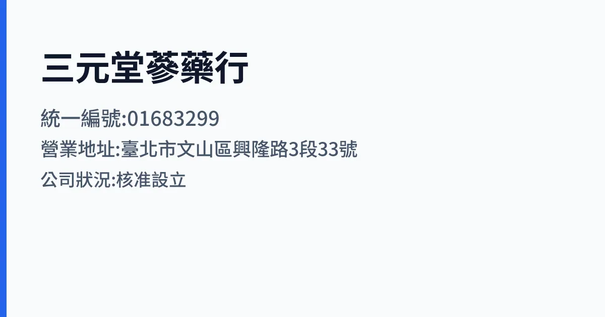 三元堂蔘藥行 - 統編 01683299(臺北市) 公司登記資料與營業項目詳細圖表