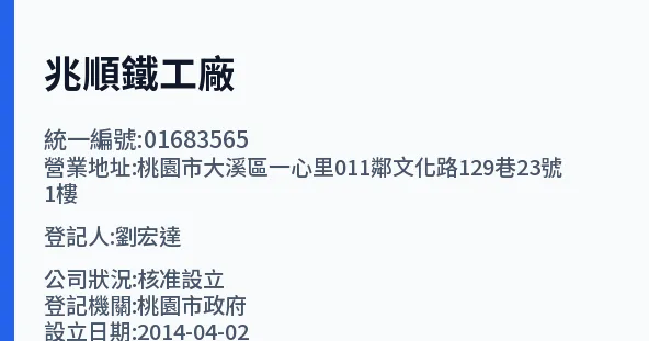 兆順鐵工廠的照片-統編 01683565(桃園市) 公司登記資料與營業項目詳細圖表