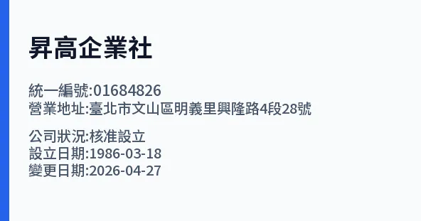 昇高企業社的照片-統編 01684826(臺北市) 公司登記資料與營業項目詳細圖表